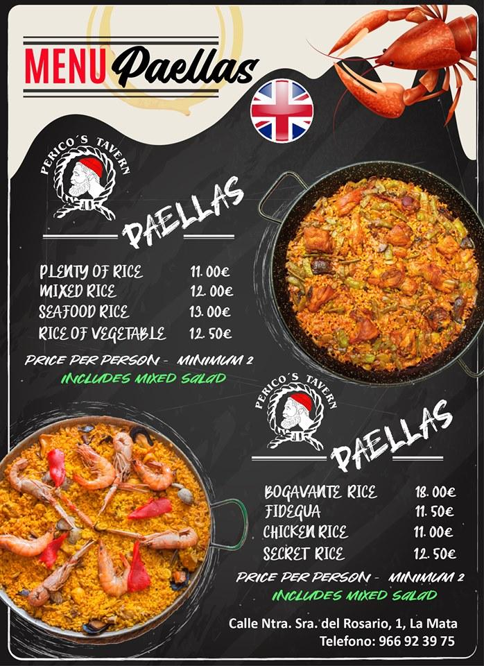 Carta del restaurante Perico´s Tavern, La Mata