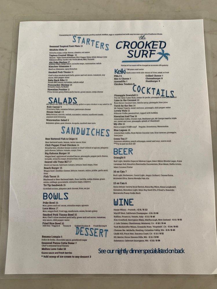 Menu at The Crooked Surf pub & bar, Kapaa