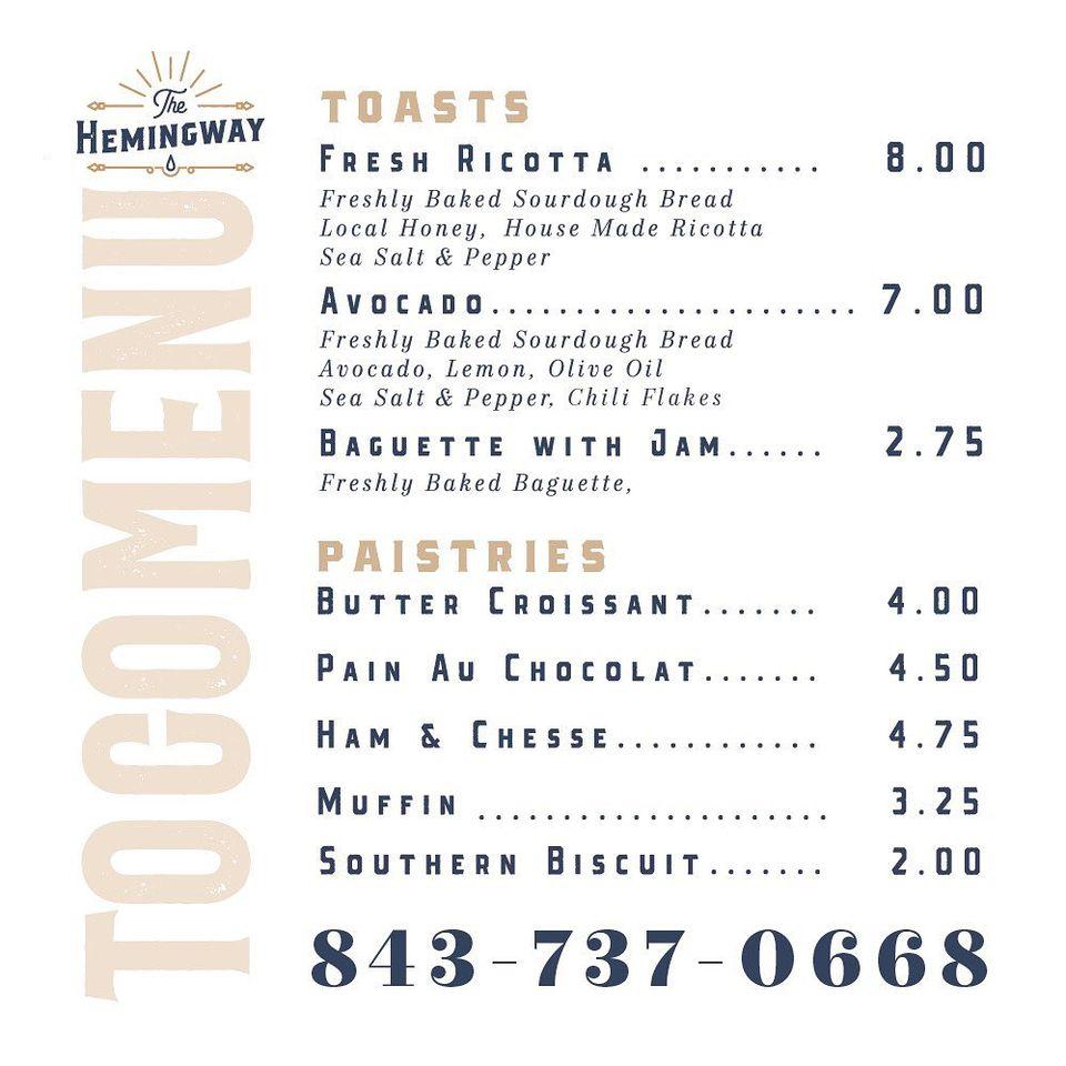 Menu at The Hemingway pub & bar, Johns Island