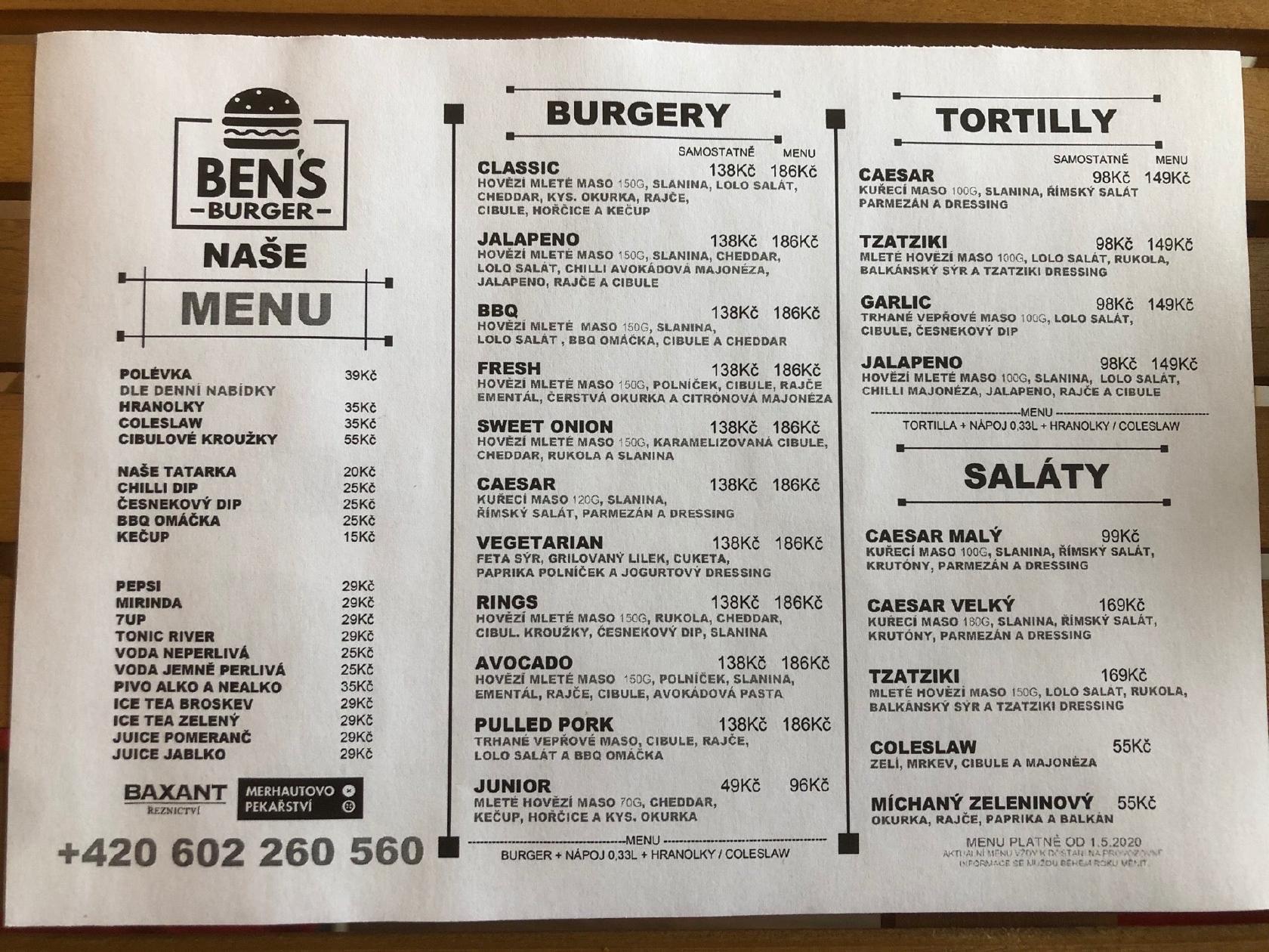 Menu at Ben's Burger restaurant, Benátky nad Jizerou