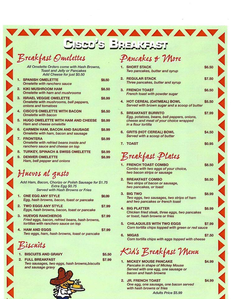 Menu at Cisco's Mexican Restaurant, Houston