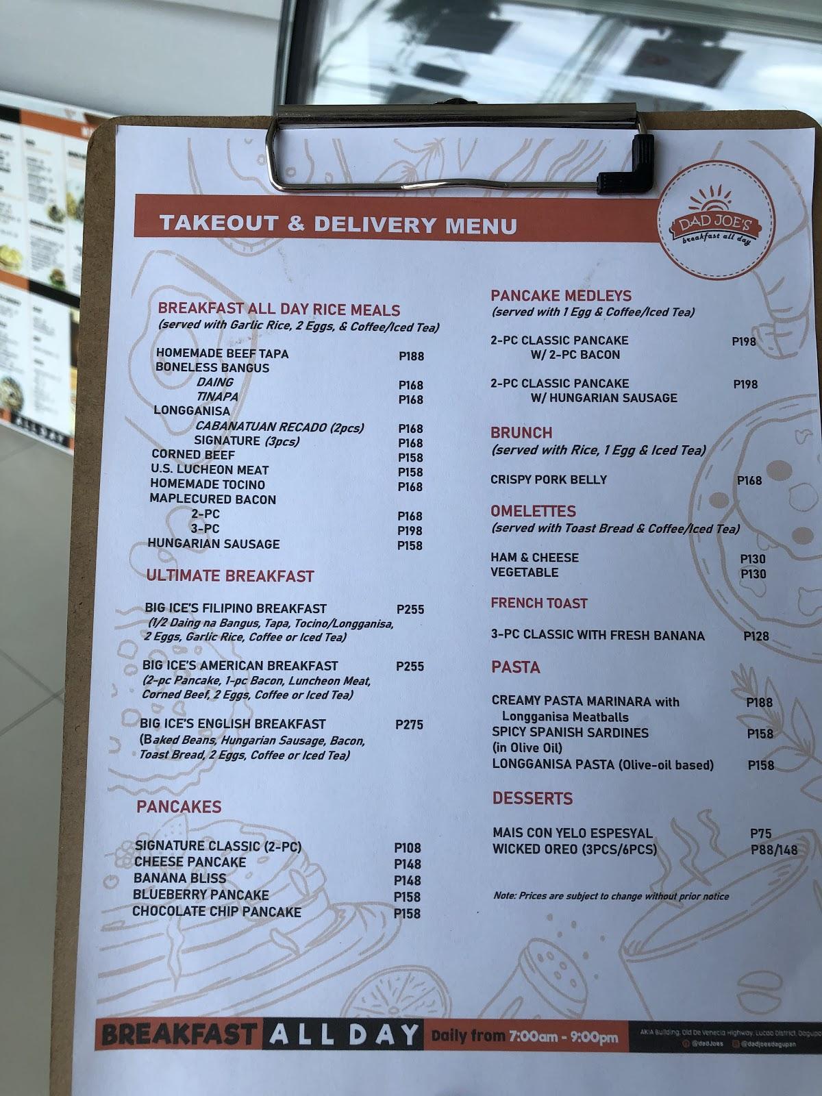 Menu at Dad Joe’s Restaurant, Dagupan
