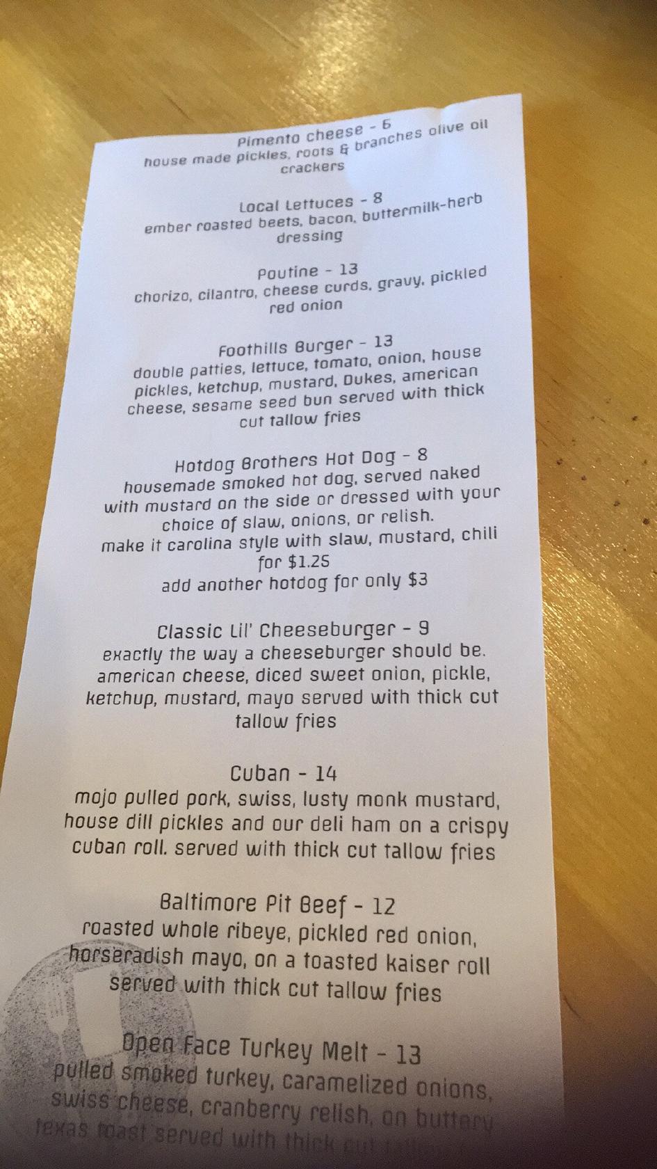 Menu at Foothills Local Meats restaurant, Black Mountain