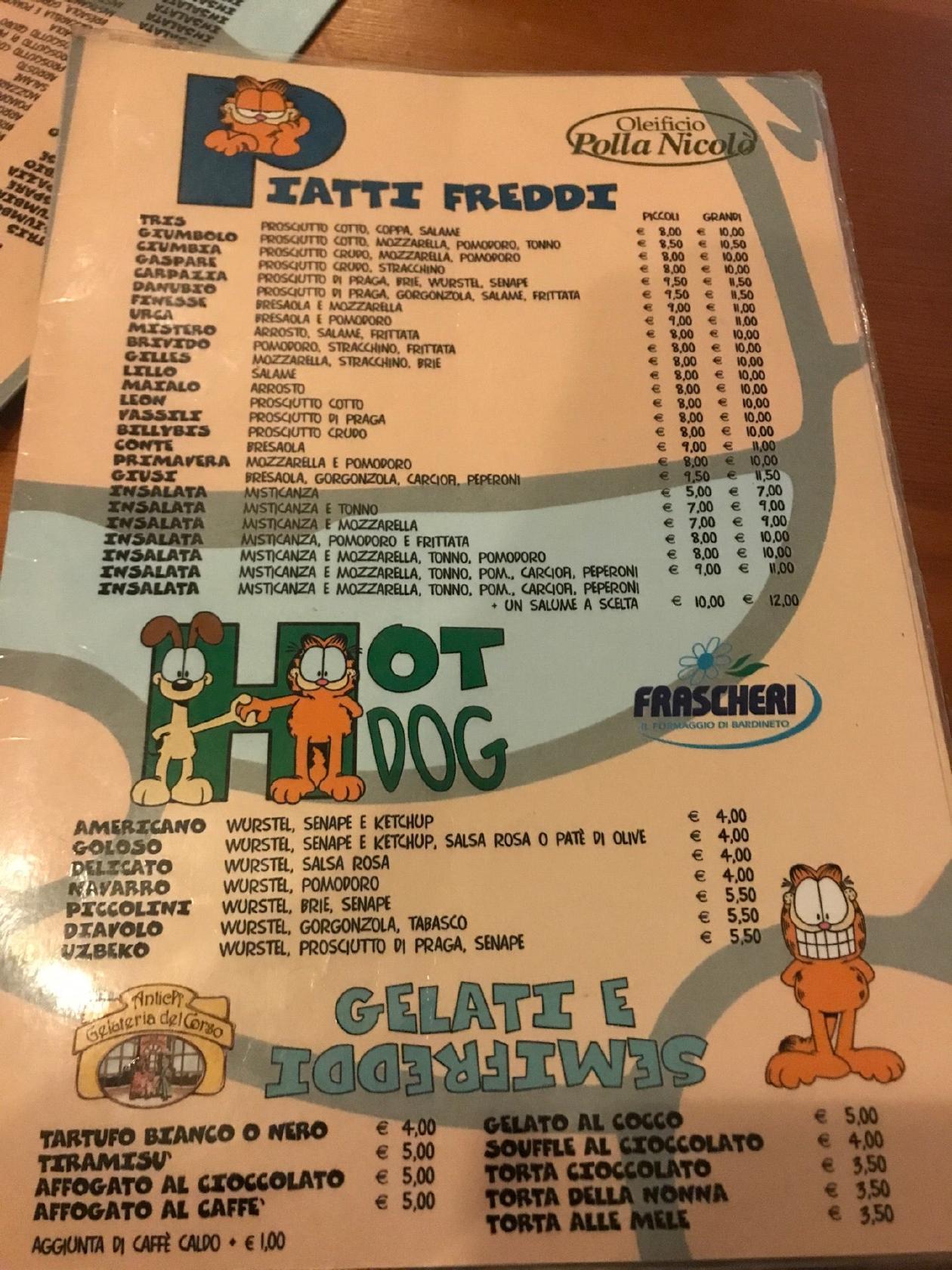 Menu da Garfield pub & bar, Loano