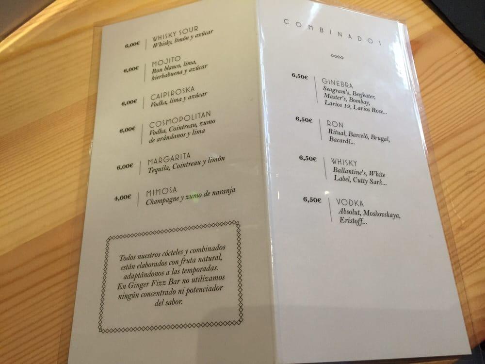 Menu at Ginger Fizz Bar, Zaragoza