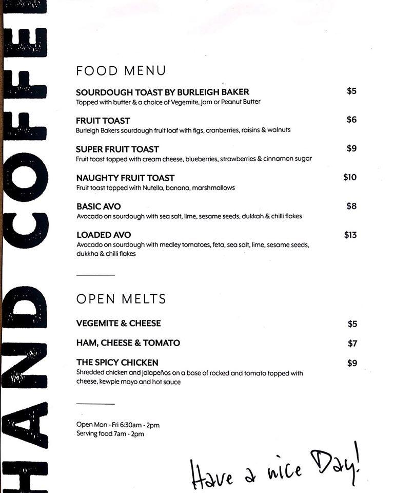 Menu at Hand Coffee cafe, Broadbeach