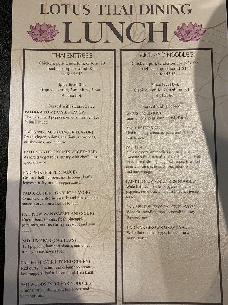Menu at Lotus Thai Dining restaurant, Columbia