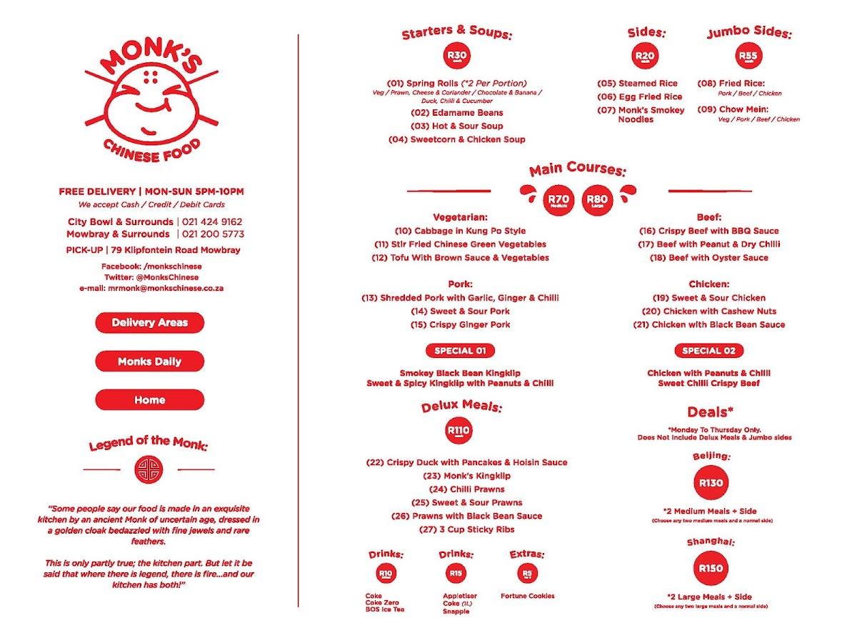 Menu at Monks Chinese restaurant, Cape Town, 33 Loop St