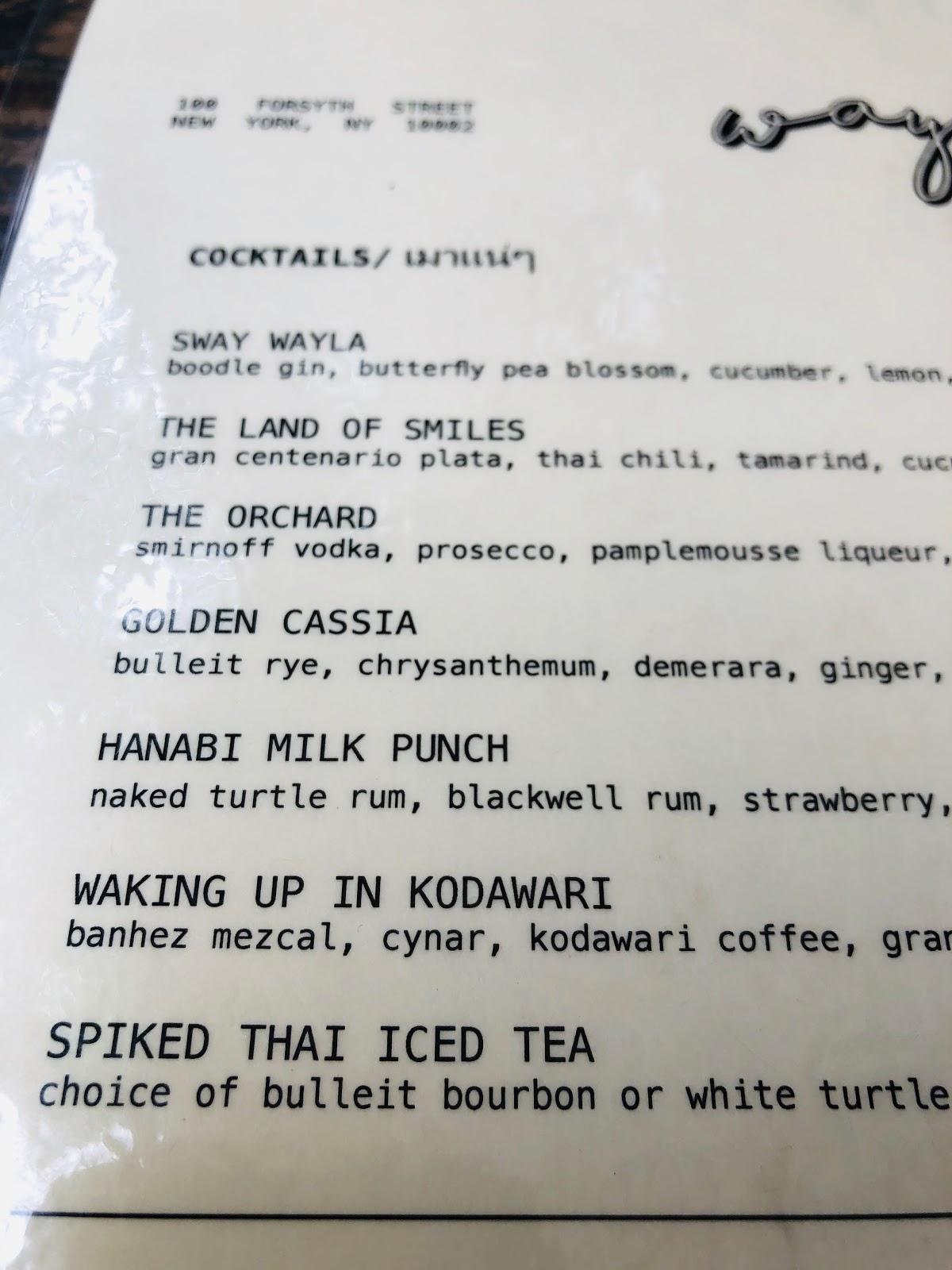 Menu at Wayla restaurant, New York City, 100 Forsyth St