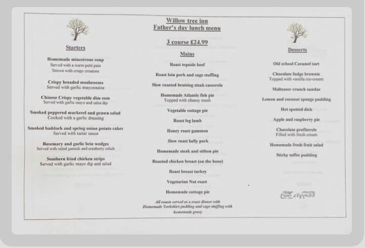 Menu at Willow Tree Inn restaurant, Nottingham
