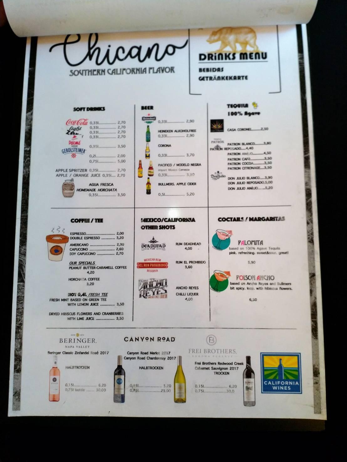 Menu at Chicano restaurant, Trier