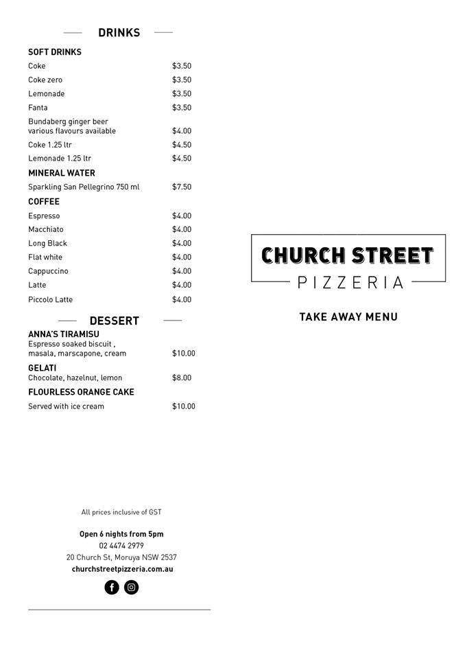 Menu at Church Street Pizzeria, Moruya