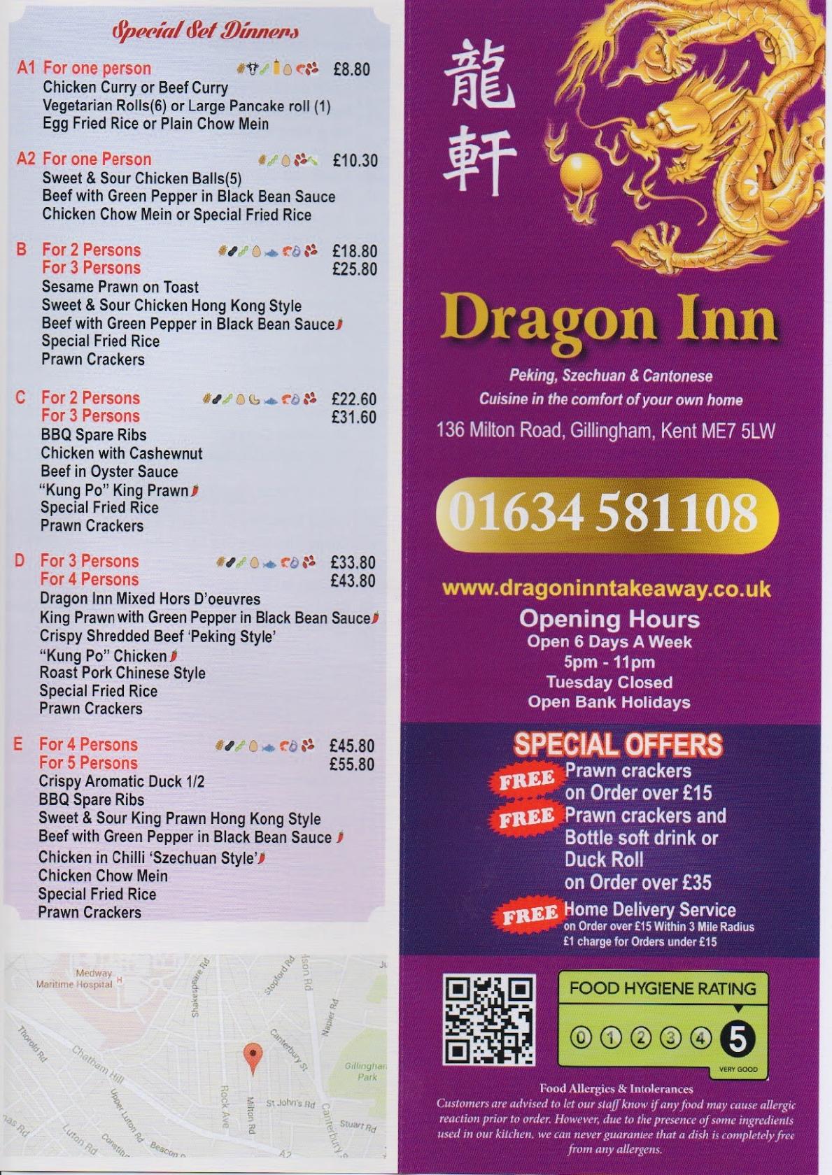 Menu at Dragon Inn restaurant, Gillingham