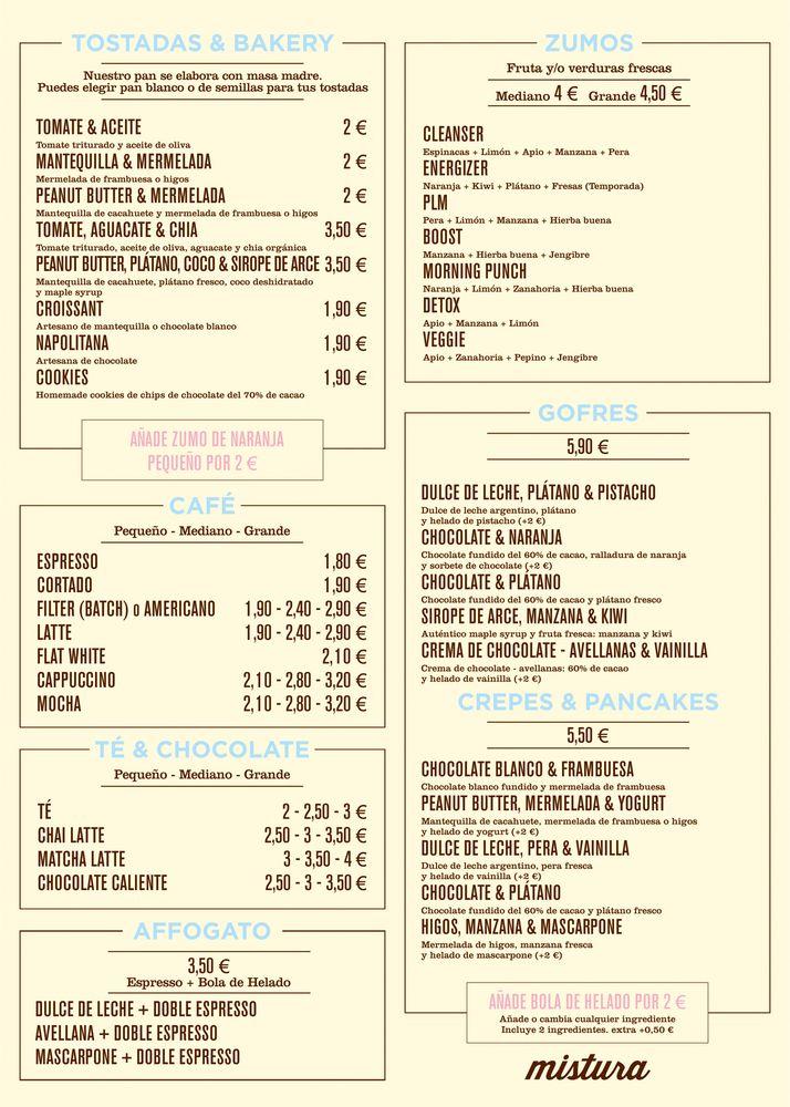 Menu at Mistura Ice Cream pub & bar, Madrid, Pl. del Ángel