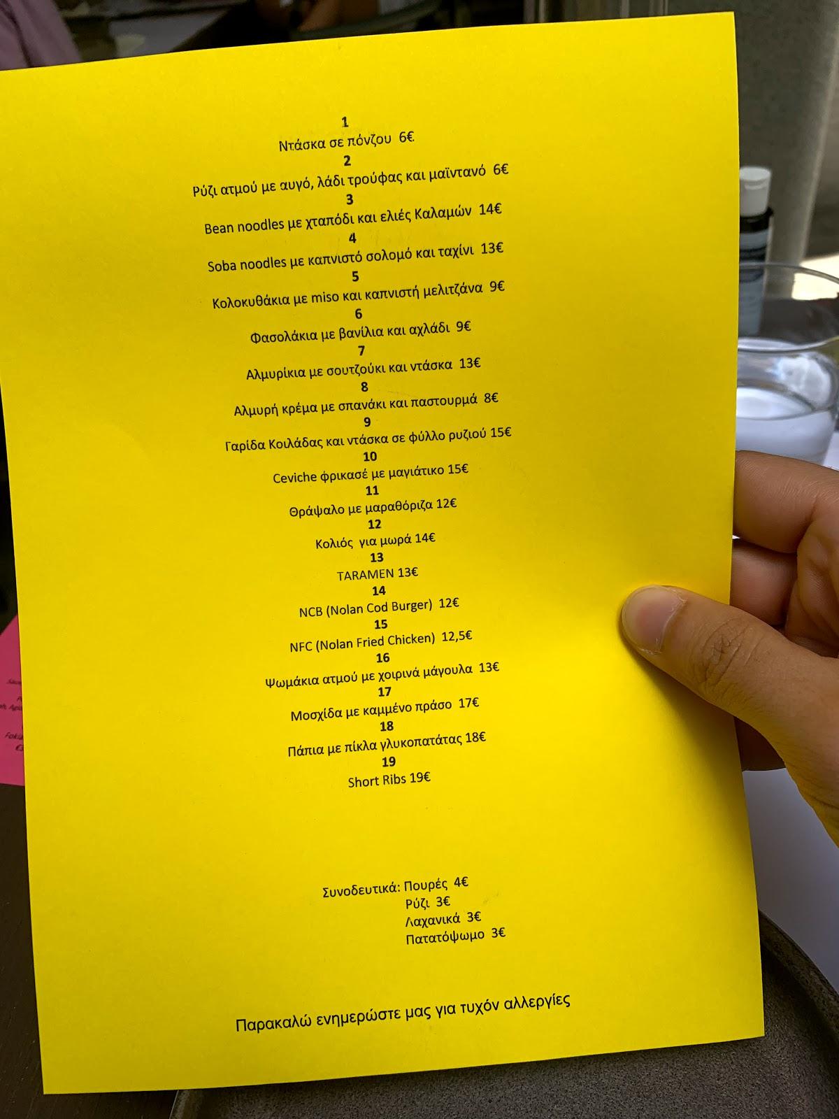 Menu at Nolan, Athens