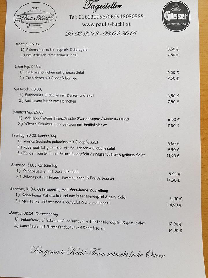 Speisekarte von Paulis Kuchl restaurant, Wien