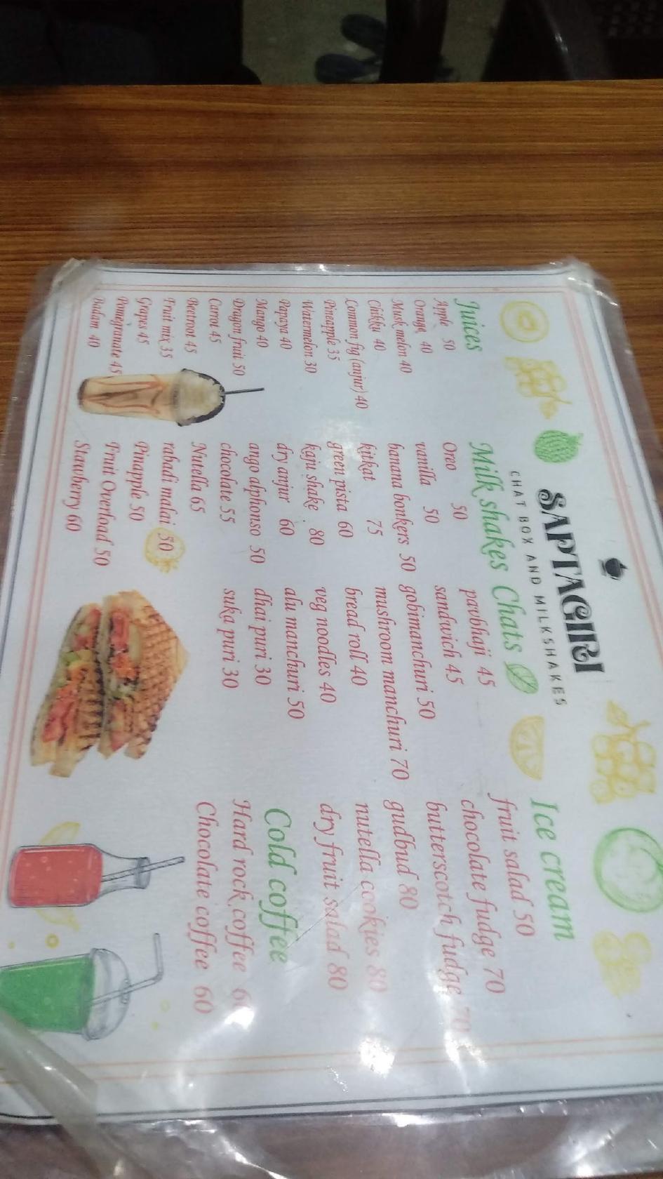 Menu at Sapthagiri chatbox and milkshake, Siruguppa