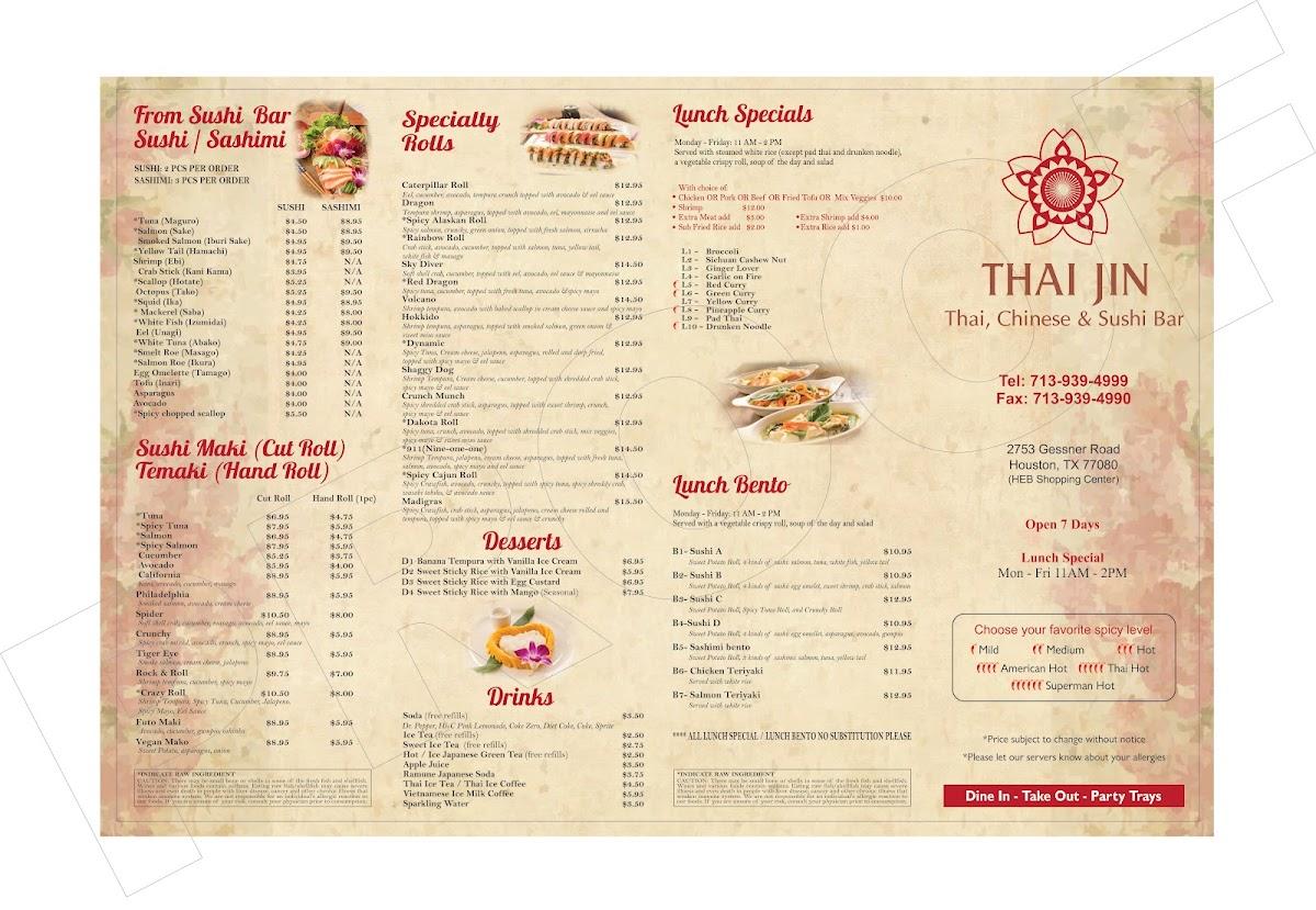 Menu at Thai Jin restaurant, Houston