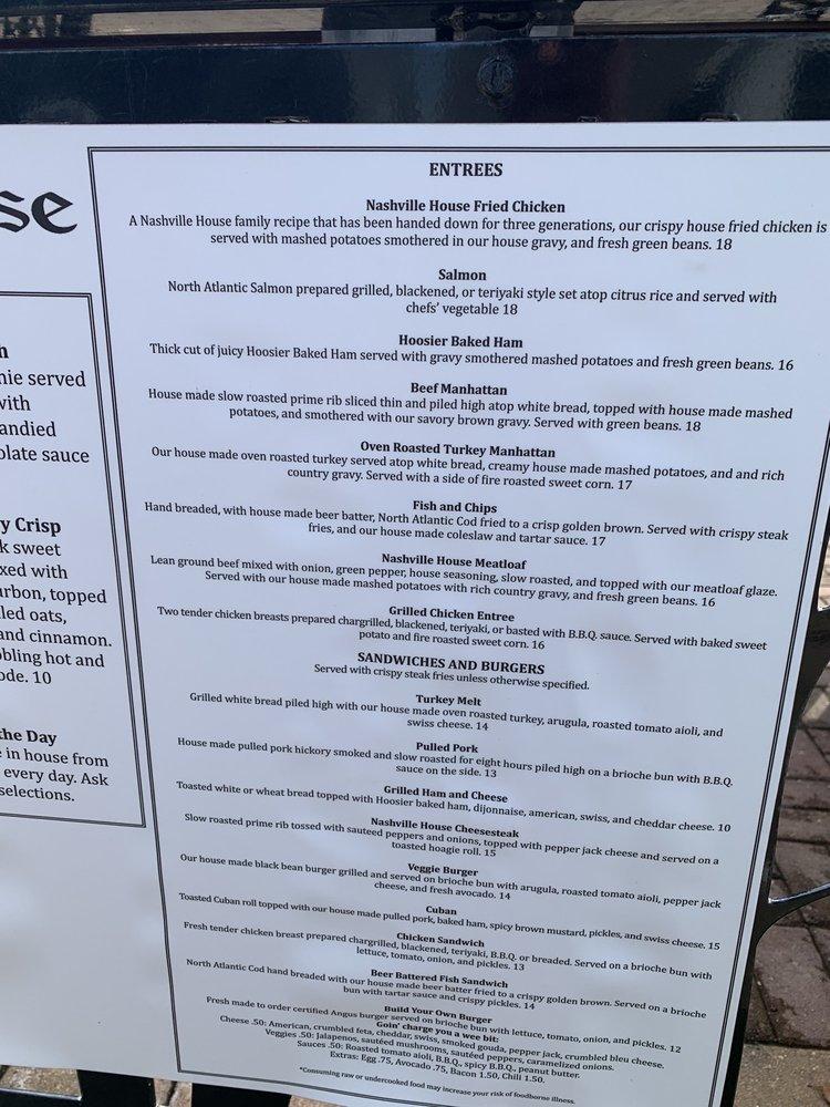 Menu at The Nashville House restaurant, Nashville, 15 S Van Buren St