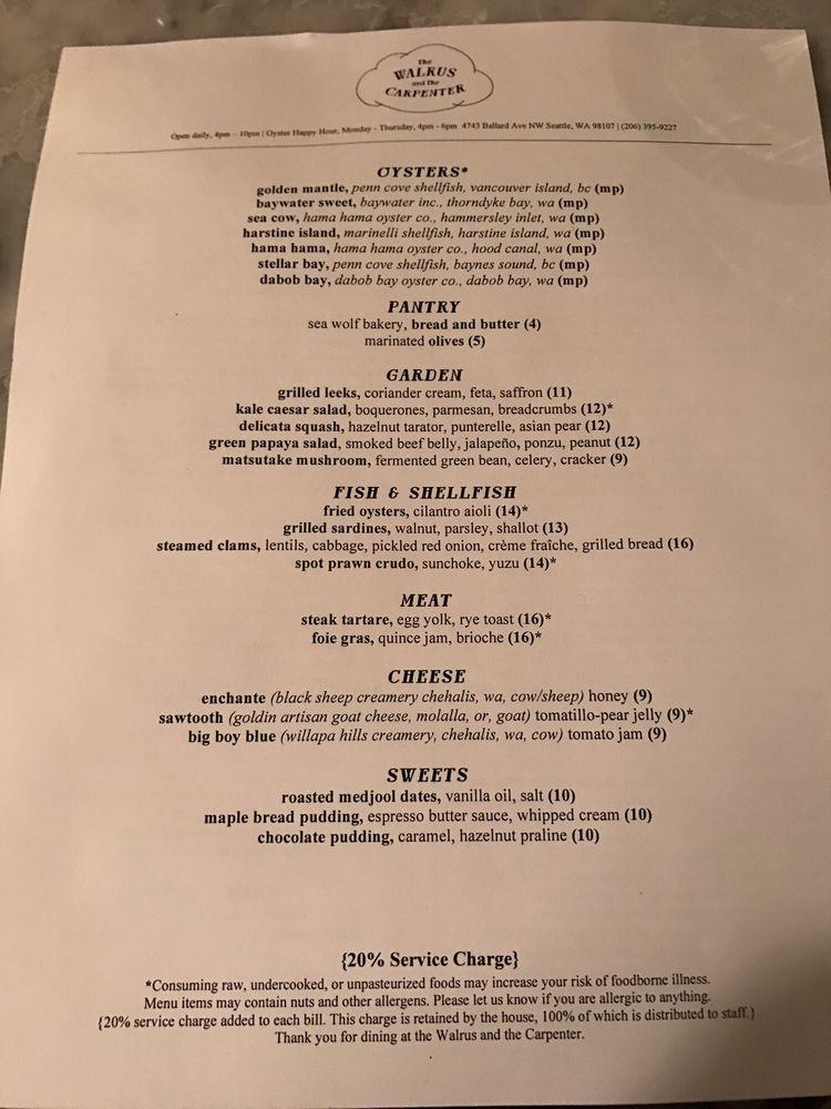 Menu at The Walrus and the Carpenter restaurant, Seattle