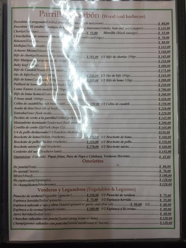 Menu at El Establo steakhouse, Buenos Aires, Paraguay 489