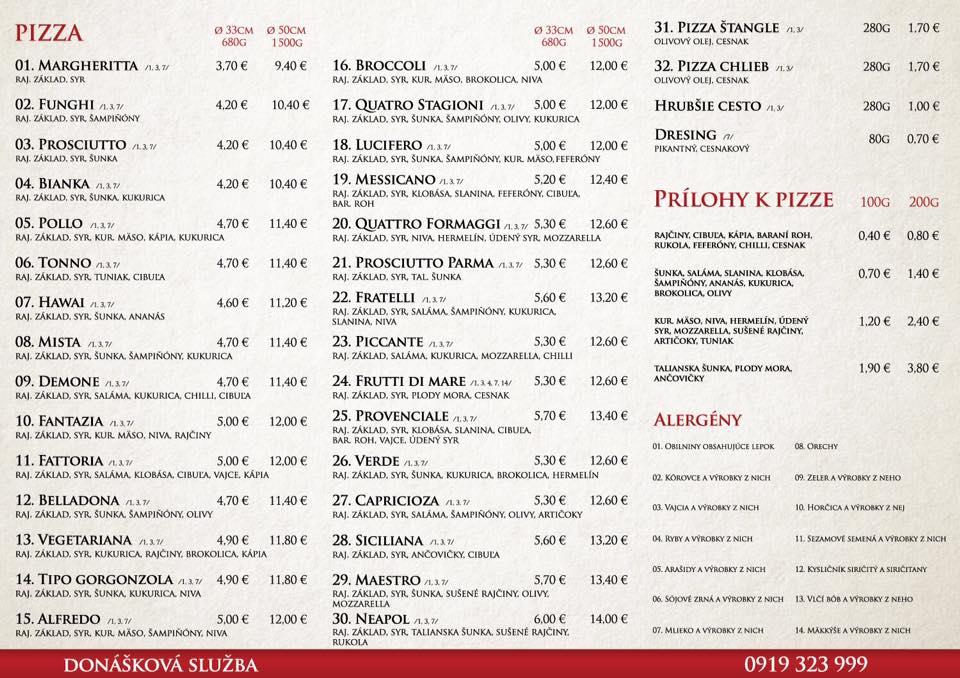 Menu at Pizza Fratelli restaurant, Radošina