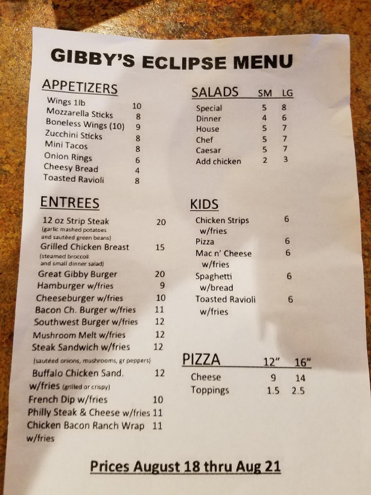 Menu at Gibby's pizzeria, Saint Clair, 9 Paul Parks Dr