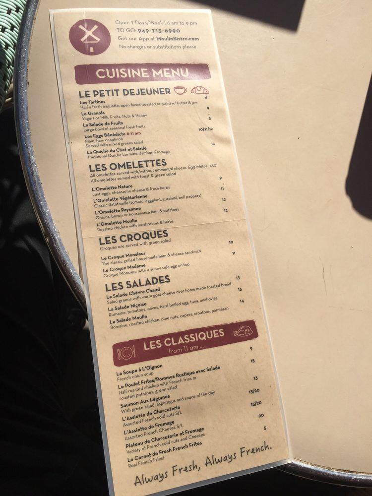 Menu at MOULIN cafe, Laguna Beach