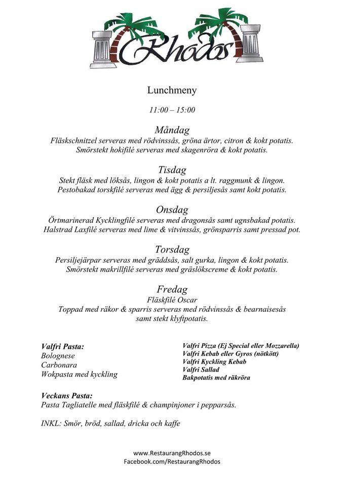 Menu at Restaurang & Pizzeria Rhodos, Lidköping, Stenportsgatan 3B