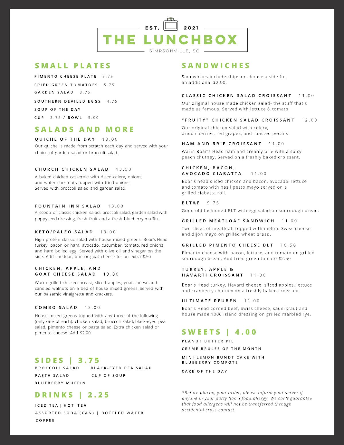 Menu at The Lunchbox - Simpsonville restaurant, Simpsonville