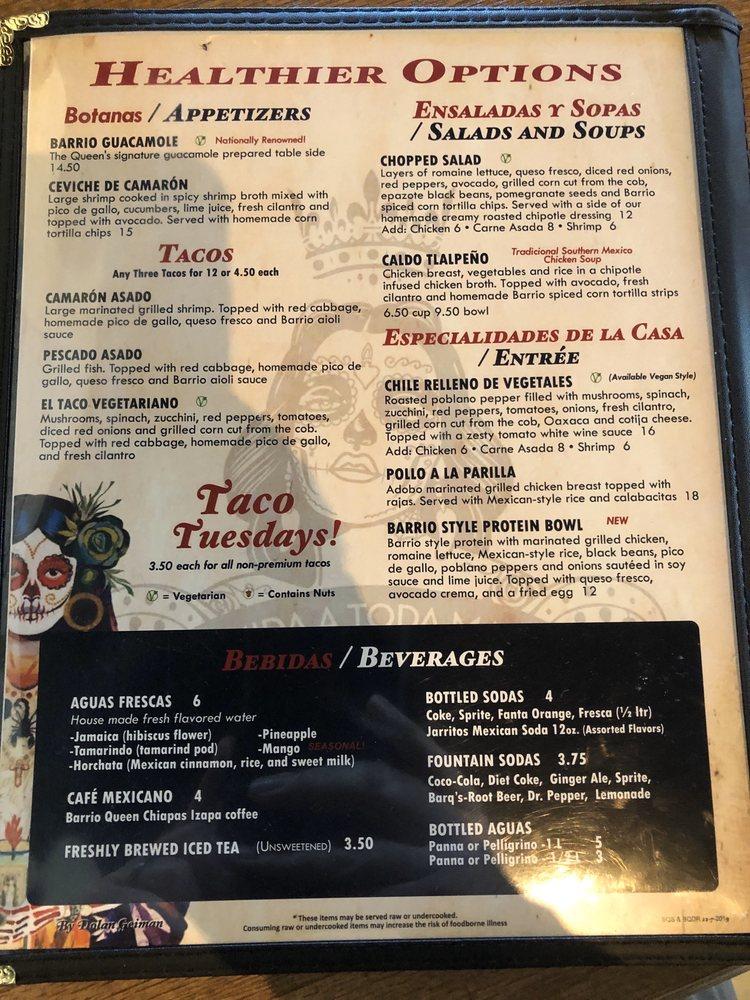 Menu at Barrio Queen, Queen Creek