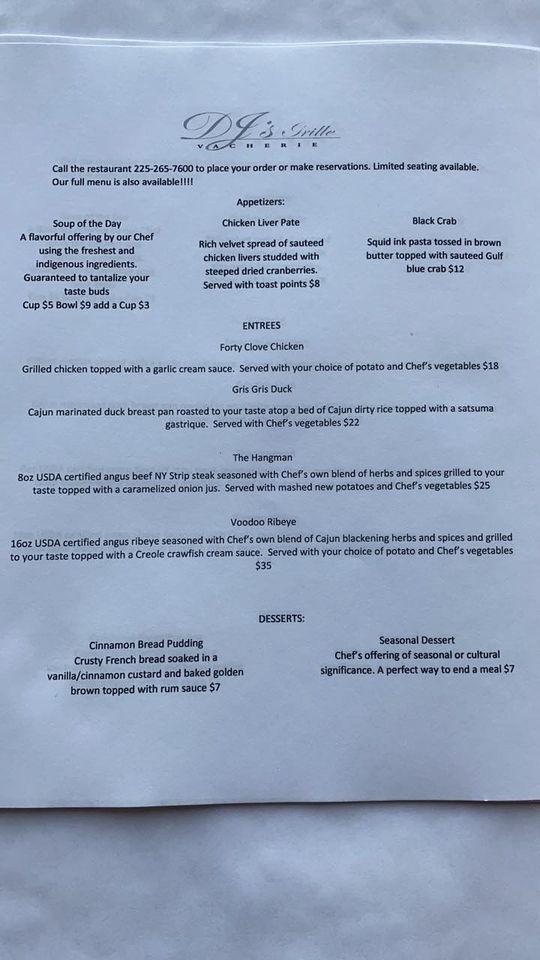 Menu at DJ's Grille pizzeria, Vacherie