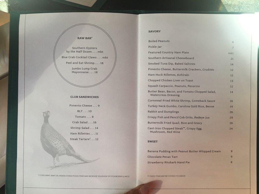 Menu at Garden & Gun Club, Atlanta