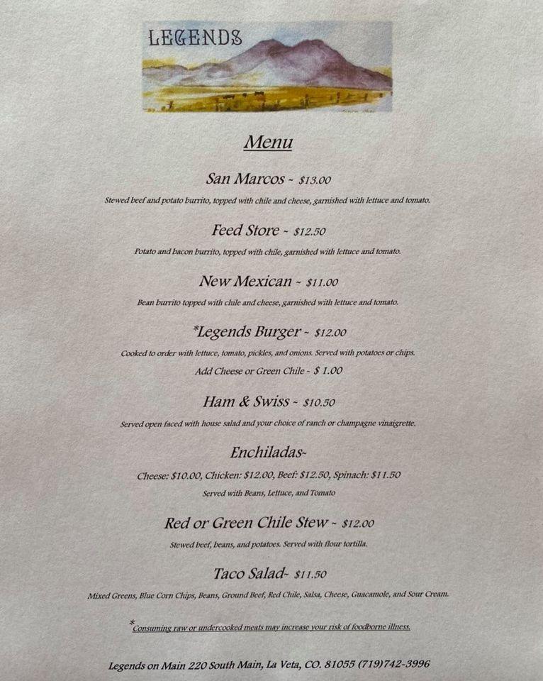 Menu at Legends On Main restaurant, La Veta
