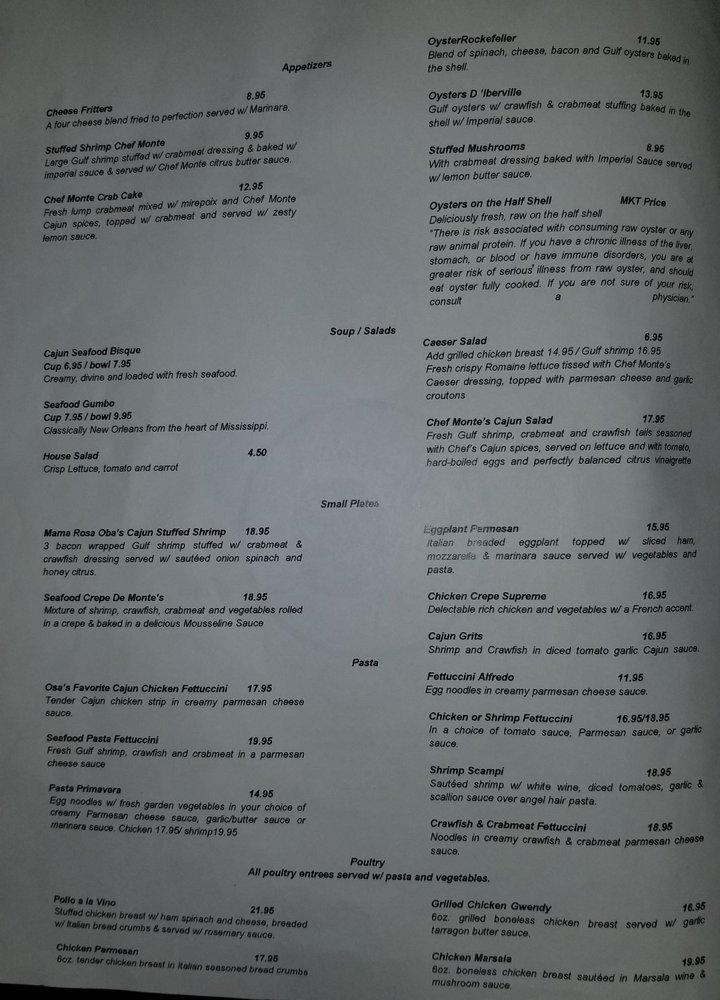 Menu at Monte's Steak & Seafood steakhouse, Byram, I-55 South Frontage Rd