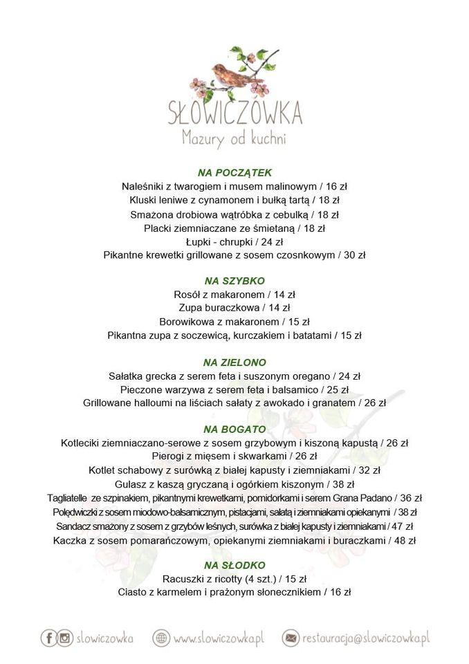 Menu at Słowiczówka - Mazury od kuchni restaurant, Ukta