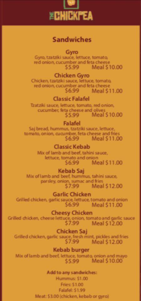 Menu at The Chickpea restaurant, Corvallis