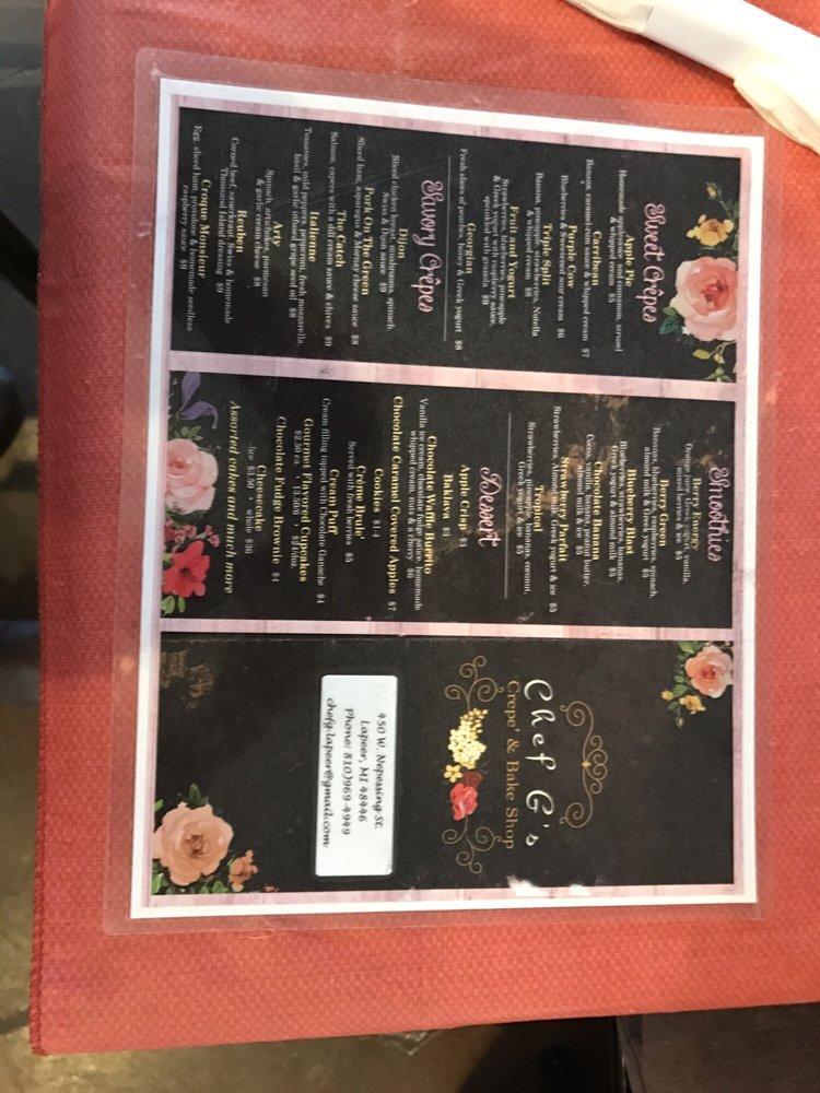 Menu at Chef G's restaurant, Lapeer