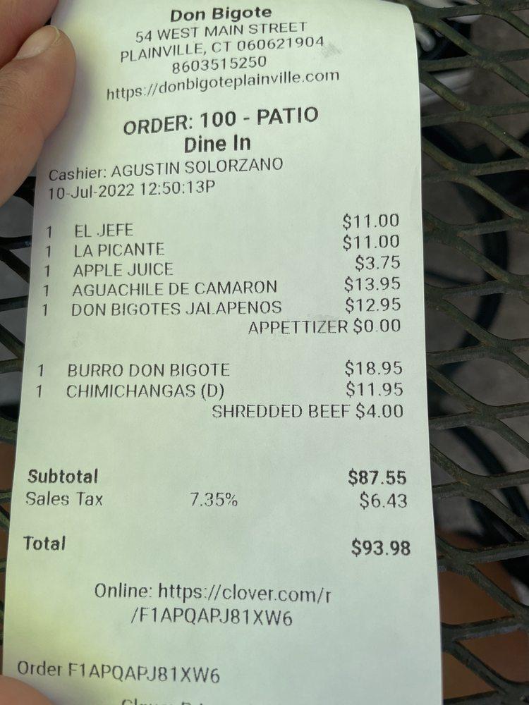 Menu at Don Bigote Mexican Restaurant, Plainville