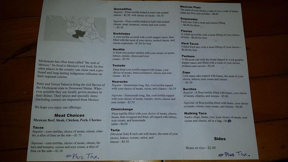 Menu at Downeast Mexican restaurant, Gouldsboro, 22 Chicken Mill Pond Rd