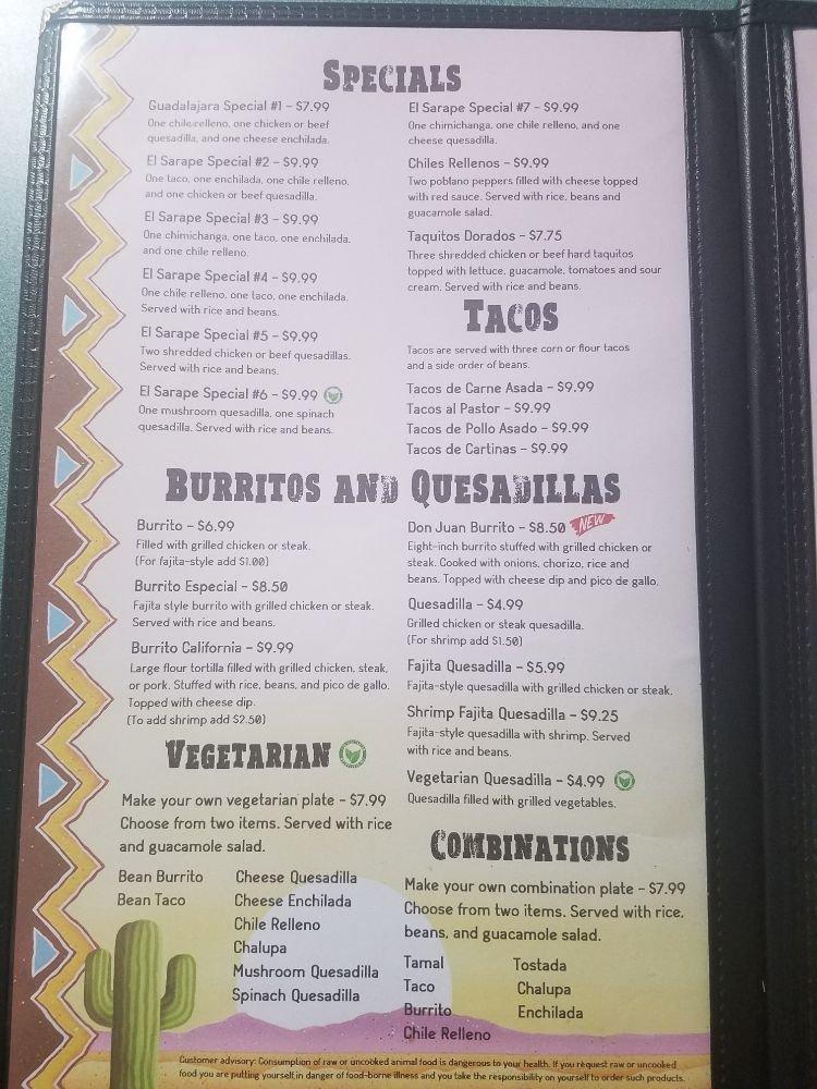 Menu at El Sarape restaurant, Yadkinville