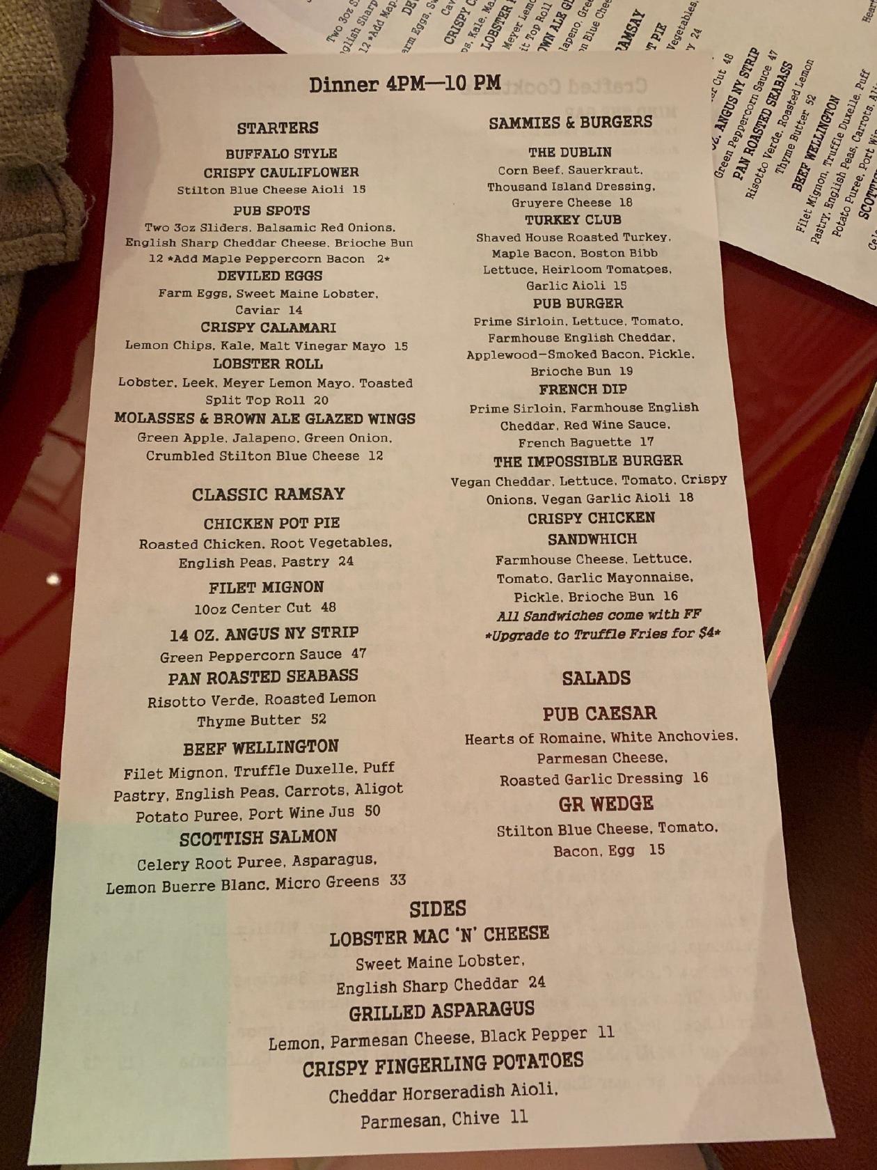 Menu at Gordon Ramsay Pub & Grill, Atlantic City