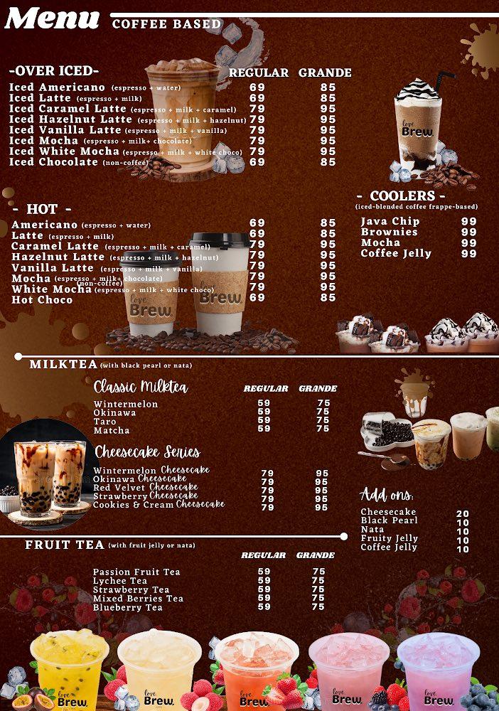 Menu at Love, Brew, Quezon City