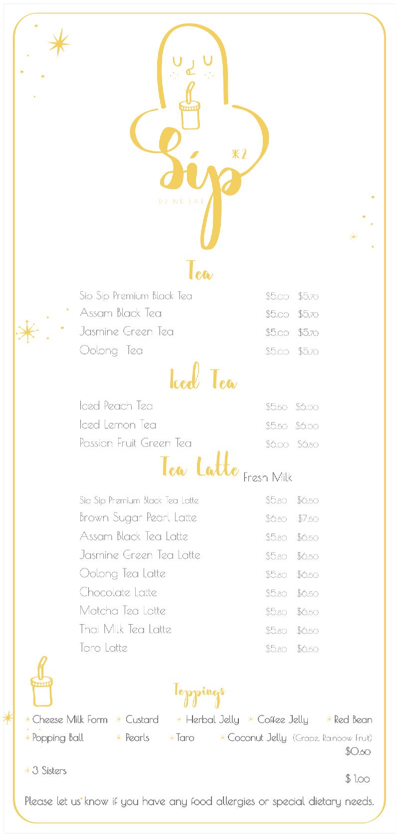 Carta de Sip Sip Drink Bar Sip Sip Cafe, Katoomba