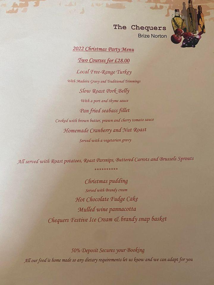 Menu at The Chequers restaurant, Carterton