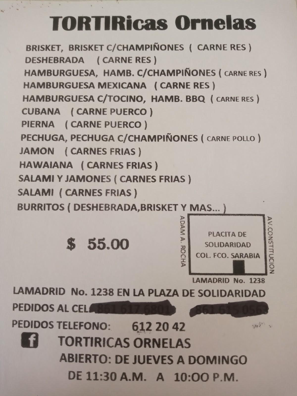 Menu at TortiRicas Ornelas restaurant, Sabinas