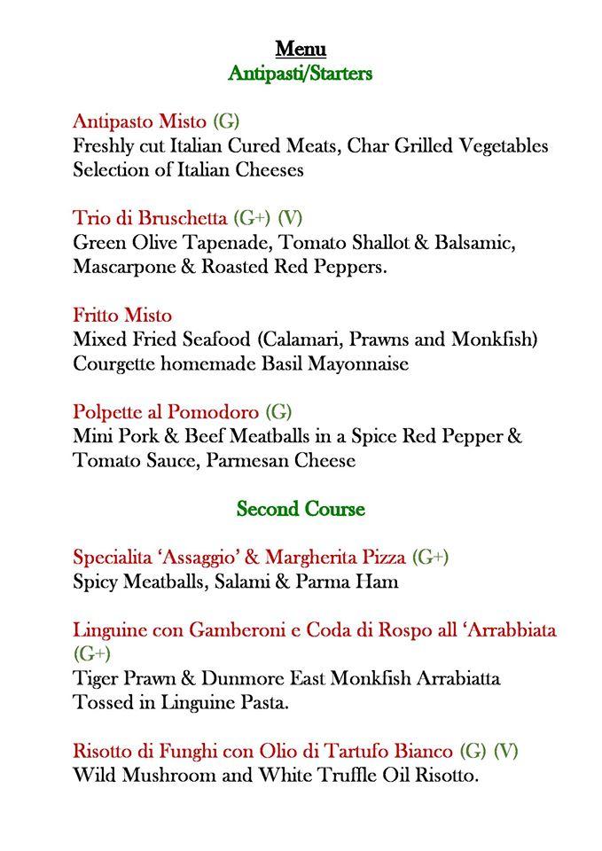 Menu at Assagio restaurant, Clane