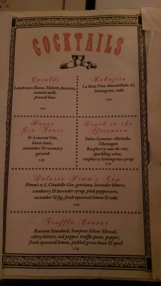 Menu at BARROCO, Montreal