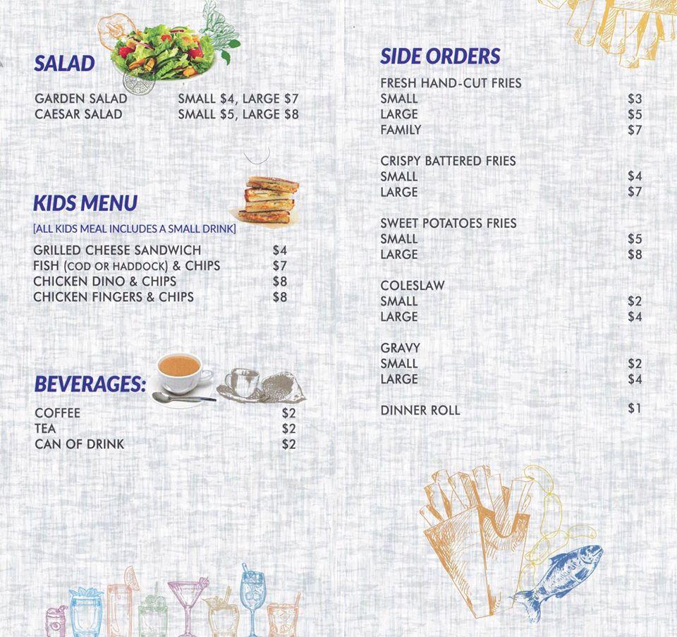 Menu at Captain John's Fish & Chips restaurant, Owen Sound, 2nd Ave W