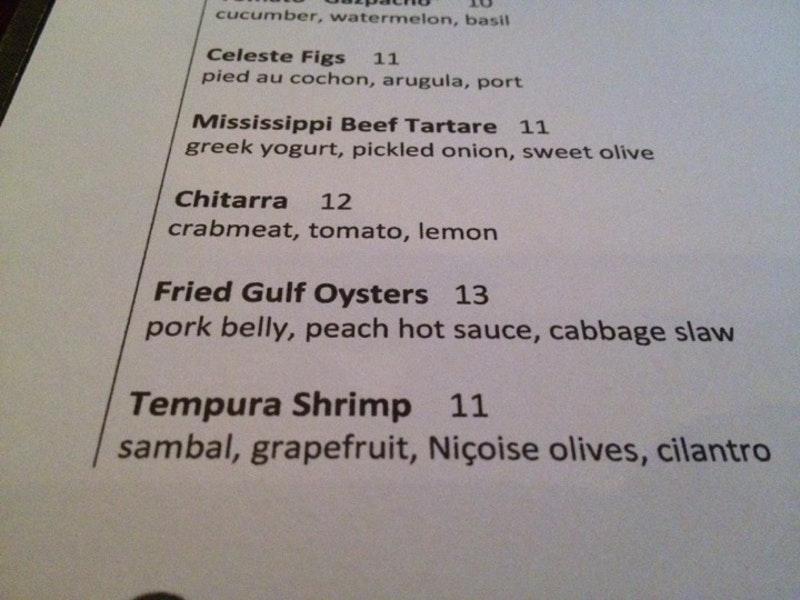 Menu at Coquette restaurant, New Orleans